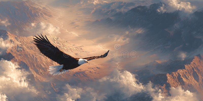Majestic Eagle Soaring through Sunset Clouds Stock Illustration ...