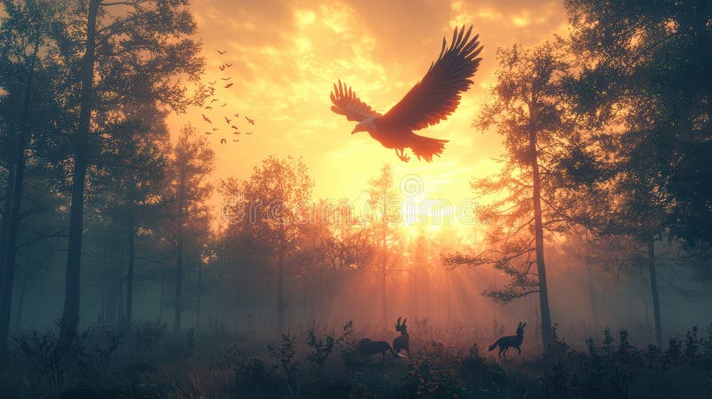 Majestic Eagle Soaring at Sunset Over Misty Forest Stock Illustration - Illustration of nature ...