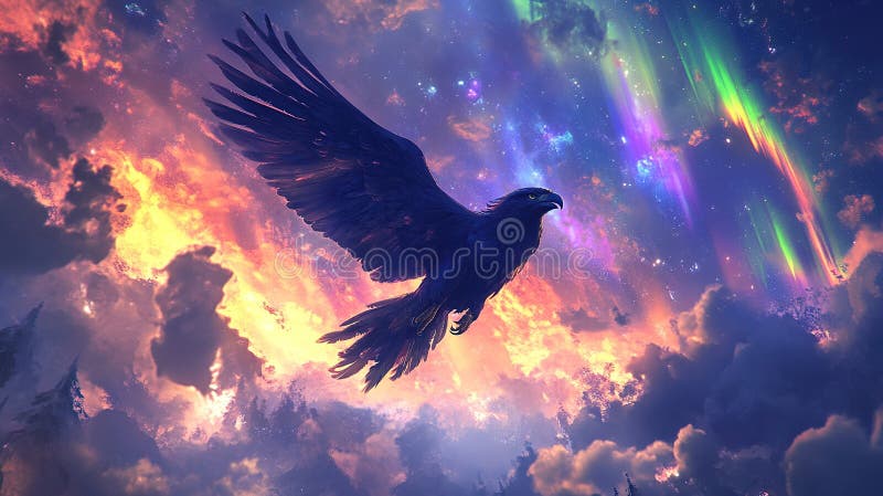 Majestic Eagle Soaring through Vibrant, Cosmic Sunset Sky Stock Photo - Image of eagle, digital ...