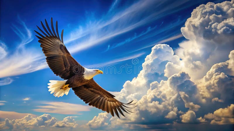 Majestic Eagle Soaring through Vibrant Sky with Fluffy Clouds Stock ...