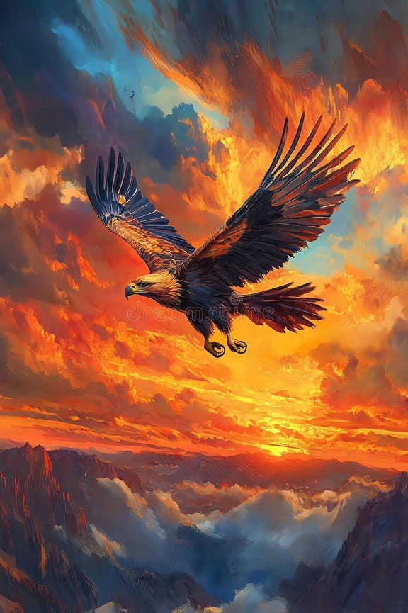 Majestic Eagle Soaring through Vibrant Sunset Clouds Stock Illustration ...