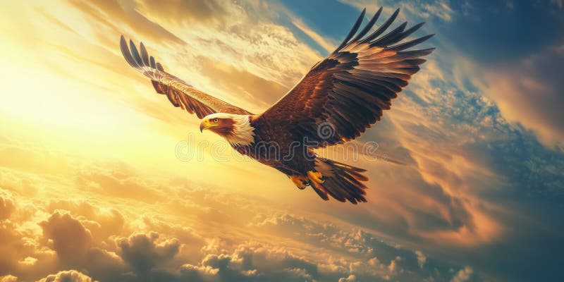 Majestic Eagle Soaring through Vibrant Sunset Sky with Dramatic Clouds ...