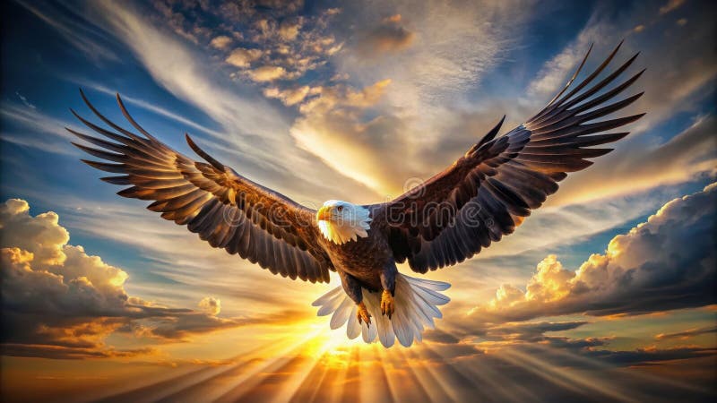 Majestic Eagle Soaring through a Vibrant Sunset Sky, Wings Spread Wide in Glorious Flight ...