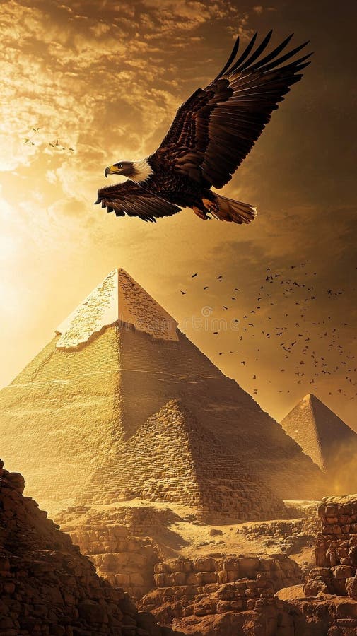 Majestic Eagle Soars Above Ancient Pyramids at Golden Sunset Stock Illustration - Illustration ...