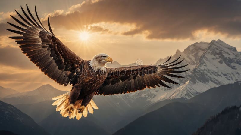 Majestic Bald Eagle Soaring Above Snowy Mountain Range at Sunset Stock Illustration ...