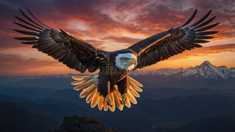 Majestic Bald Eagle Soaring Above Mountain Range at Sunset Stock Illustration - Illustration of ...