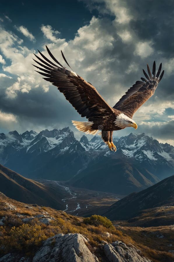 Majestic Bald Eagle Soaring Above Dramatic Mountain Range at Sunset Stock Illustration ...