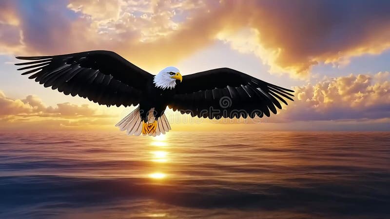 Majestic Eagle Soars Over Tranquil Ocean at Sunset. Dramatic Clouds and ...