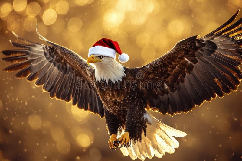 Majestic Eagle Spreading Wings with a Santa Hat on Christmas Stock ...