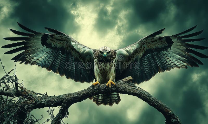 Majestic Eagle Spreading Wings on Tree Branch Under Dramatic Cloudy Sky ...