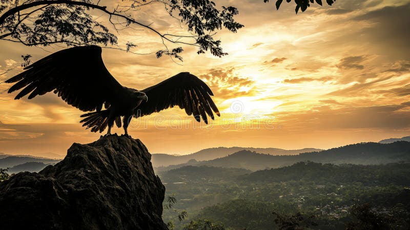 Majestic Eagle Sunset Mountaintop Perch, Scenic Valley View Stock Photo ...