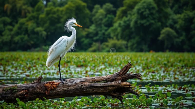 Majestic Egret on Weathered Log, Stock Illustration - Illustration of ...