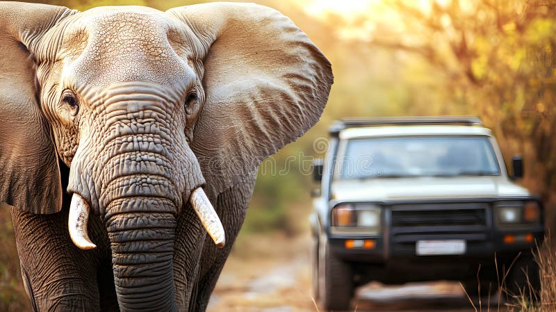 Majestic Elephant Approaching Safari Vehicle Stock Illustration ...