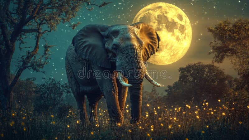 Majestic Elephant Under a Golden Full Moon at Night Stock Illustration ...