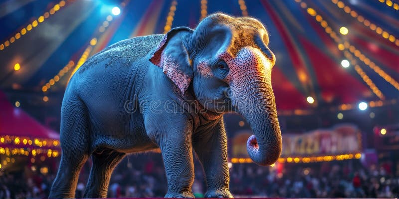 Majestic Elephant Under Vibrant Circus Tent with Festive Lights Stock ...