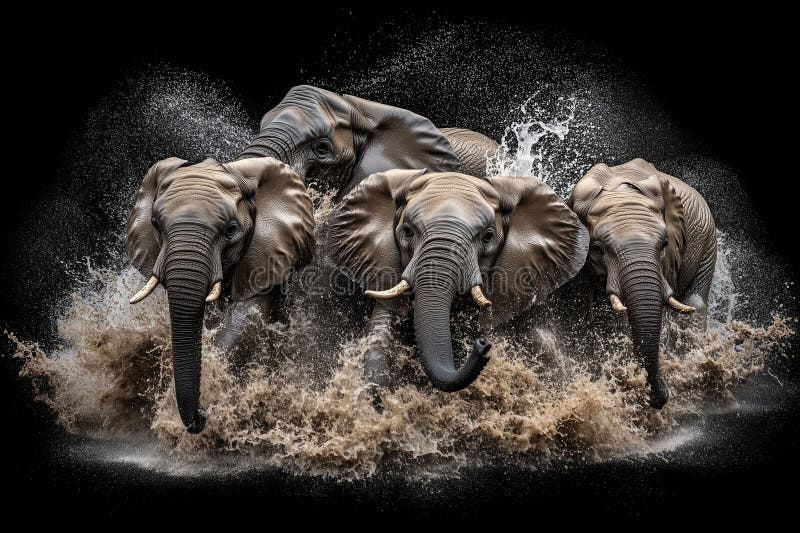 Majestic Elephants Splashing in Water by Generative Ai Stock ...