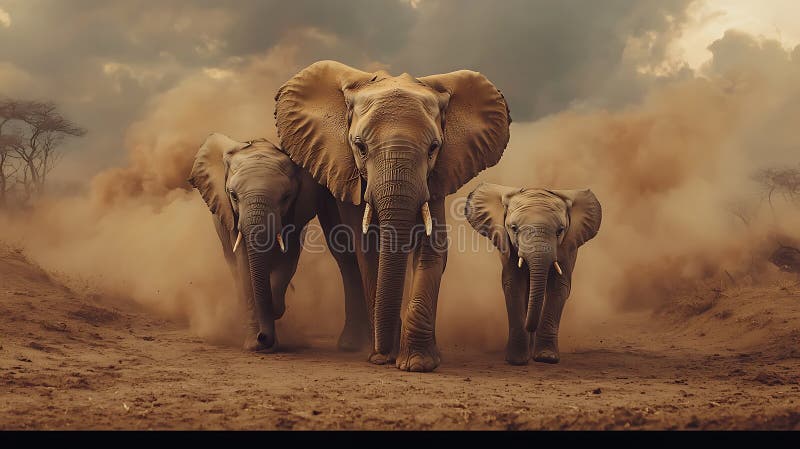 Majestic Elephants Walking through Dusty Landscape Stock Illustration ...