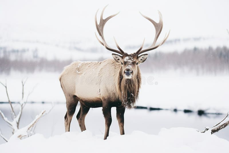 Majestic Elk Standing in a Snow-covered Landscape with Mountain ...