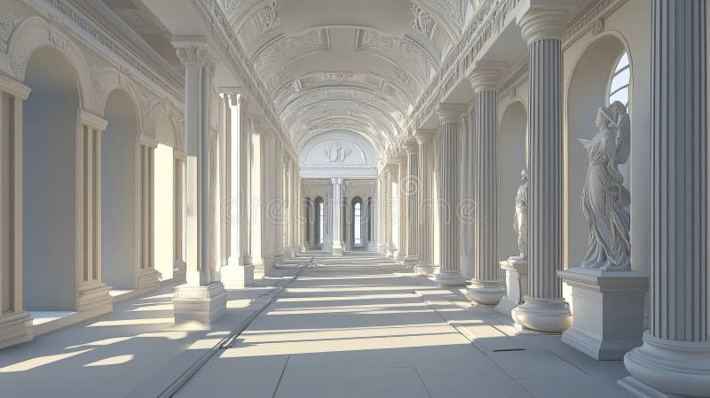 Majestic Empty Marble Corridor with Classical Columns and Statues Stock ...