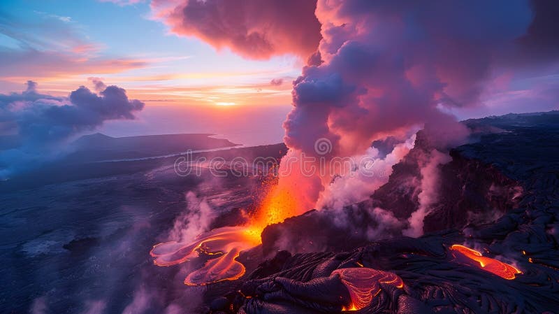 Majestic Eruption and Lava Flow from Volcano at Sunset Stock ...