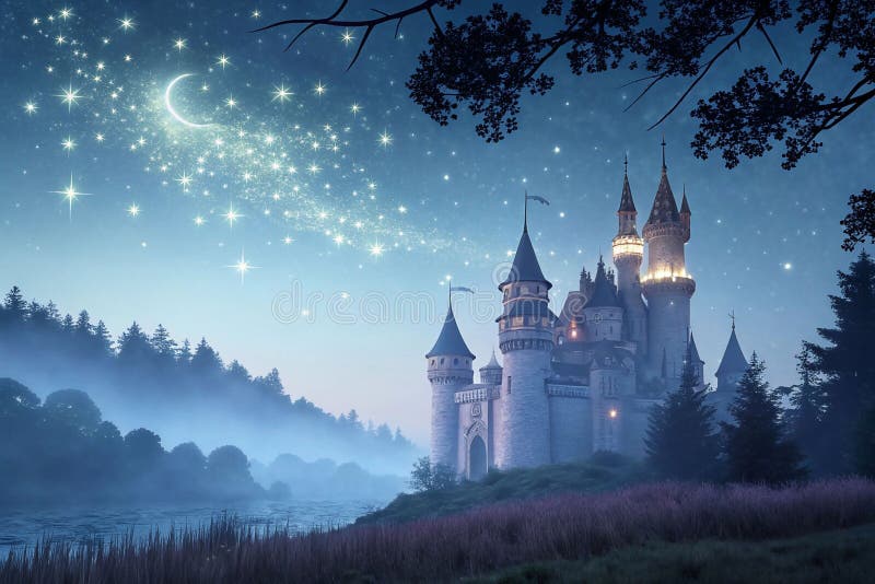 Majestic Fairytale Castle at Night Under a Starry Sky Stock ...