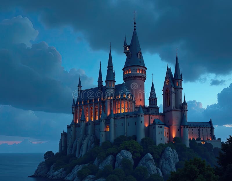 Majestic Fairytale Castle at Twilight - Dramatic Night Scene Stock ...