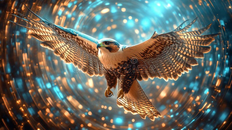 Majestic Falcon in Flight, Blue and Gold Bokeh Stock Illustration ...