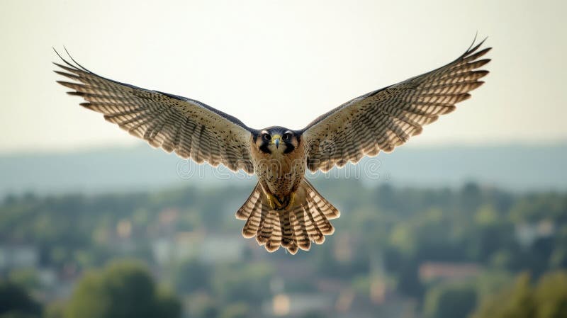 Majestic Falcon in Flight Over Scenic Landscape Stock Image - Image of ...