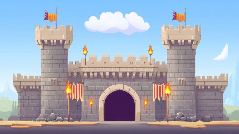Majestic Fantasy Castle with Flaming Torches and Flags Stock Photo ...
