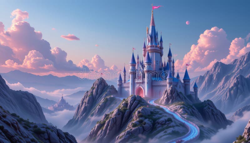 Majestic Fantasy Castle Surrounded by Mountains and Clouds, Glowing in ...