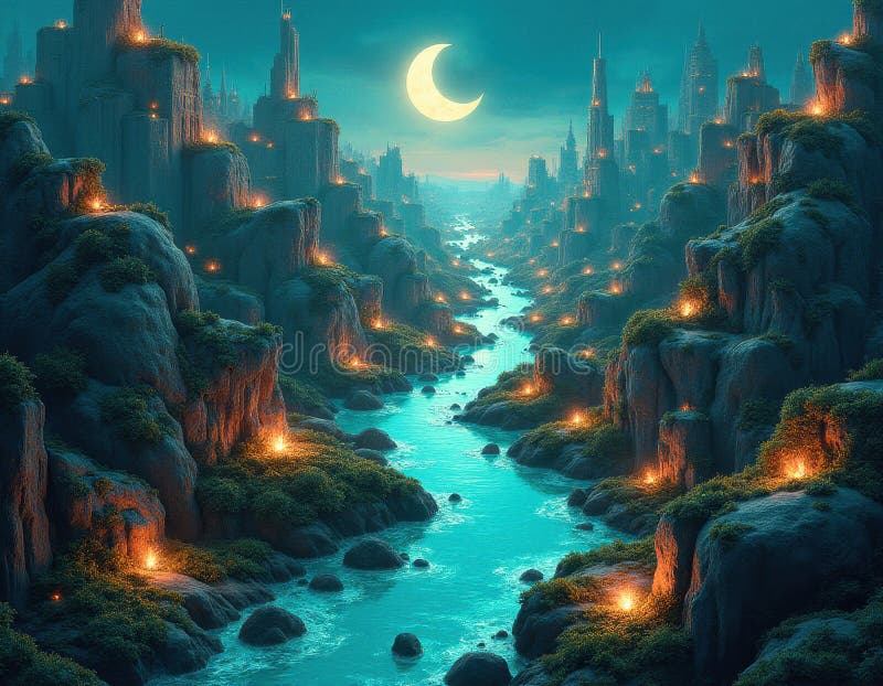 Majestic Fantasy Landscape Glowing River Under Crescent Moon Stock ...