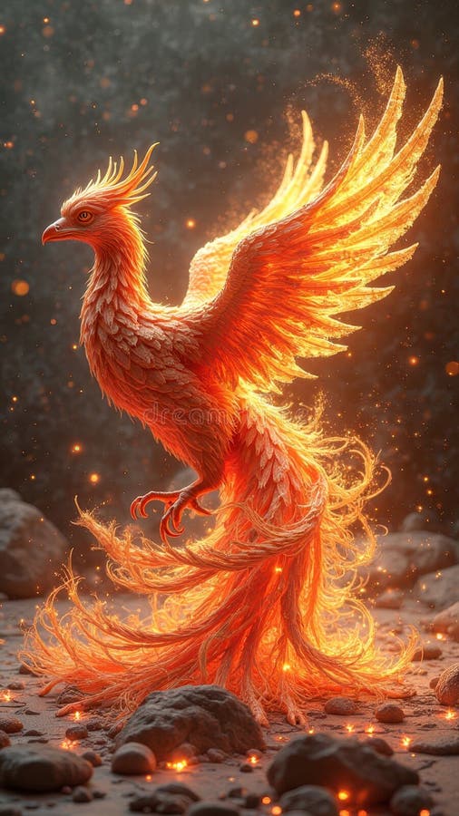 Majestic Fiery Phoenix with Glowing Wings in Magical Landscape Stock ...