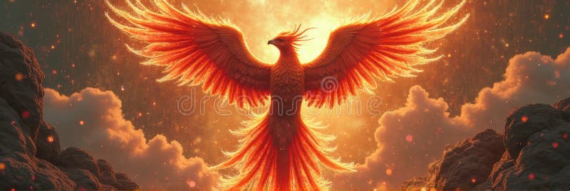 Majestic Fiery Phoenix Soaring Against Dramatic Sunset Sky Stock Photos ...