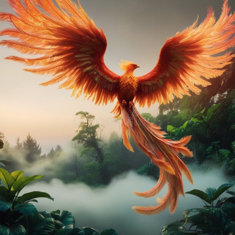 A Majestic Fire Phoenix in Mystical Forest Stock Illustration ...