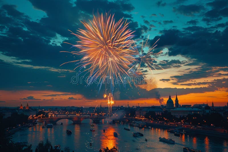 Majestic Fireworks Exploding Over River in Urban Setting Stock Photo ...