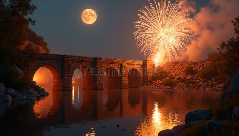 Majestic Fireworks Over a Moonlit Stone Bridge by the River Stock ...