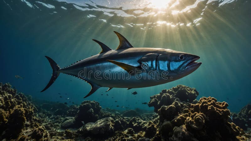 A Majestic Fish Swimming in Clear Ocean Waters, Illuminated by Sun Rays ...