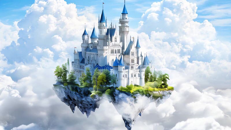 Majestic Floating Castle in the Clouds with Blue Spires and Lush ...