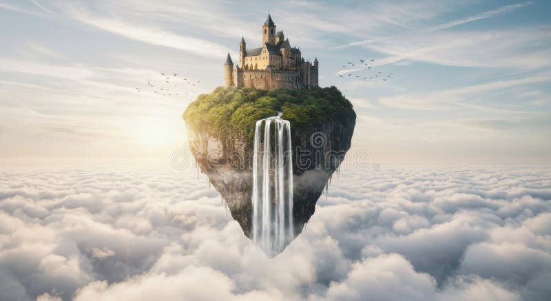 Majestic Floating Castle Island with Waterfall Above Clouds Stock Photo ...