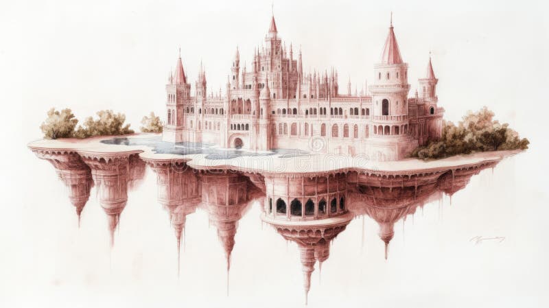 Majestic Floating Castle with Reflections and Intricate Architecture in ...