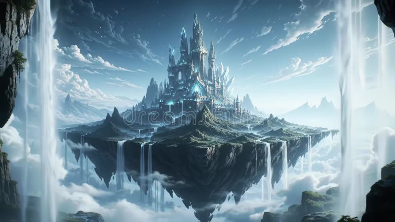 Majestic Floating Castle Surrounded by Waterfalls and Clouds Under a ...