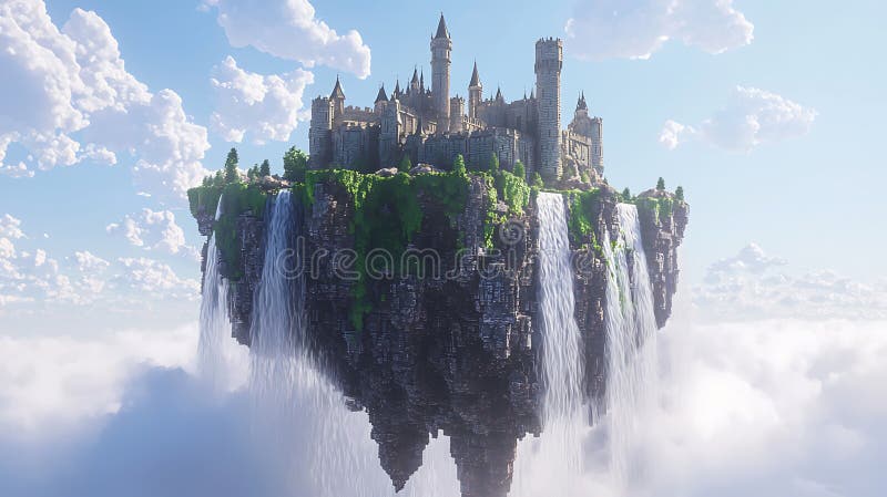 A Majestic Floating Castle Suspended Above an Endless Waterfall in a ...