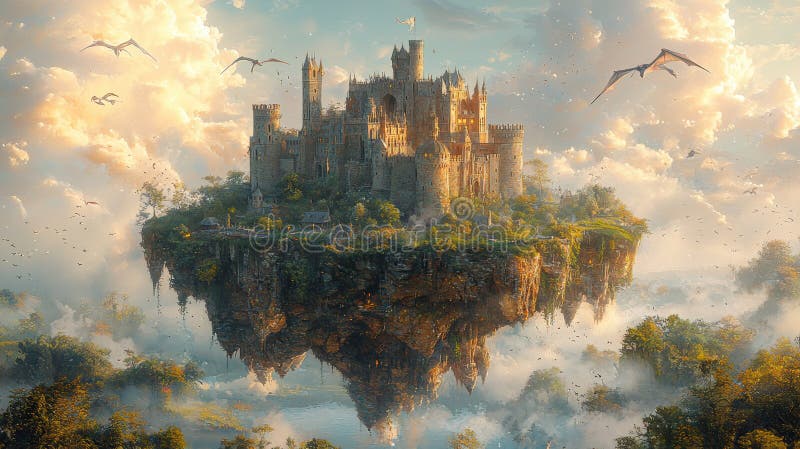 Majestic Floating Island with Medieval Castle Surrounded by Clouds and ...