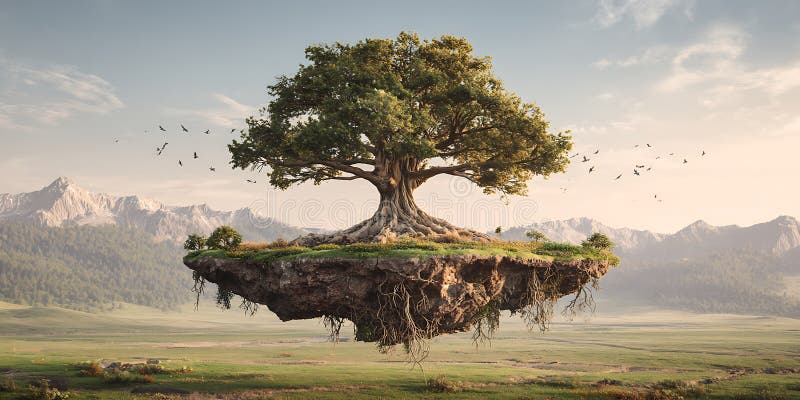 Majestic Floating Island Tree a Surreal Landscape Stock Illustration ...