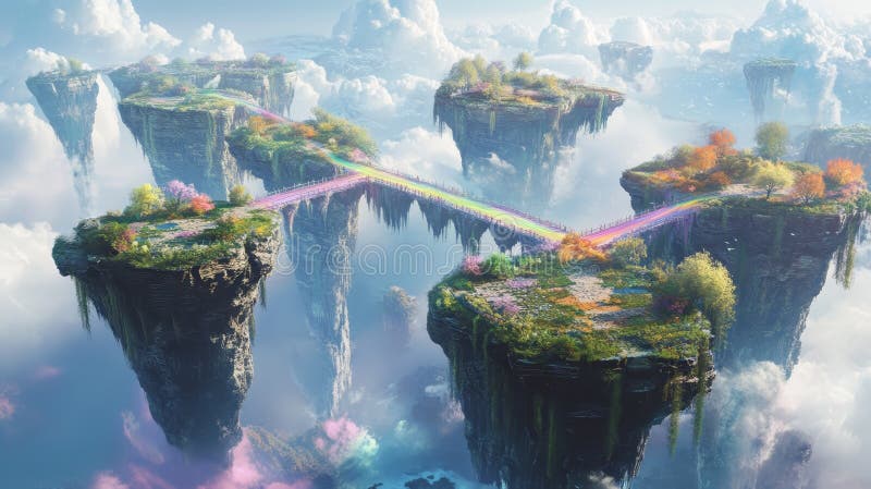 Majestic Floating Islands Connected by a Vibrant Rainbow Bridge, Set ...