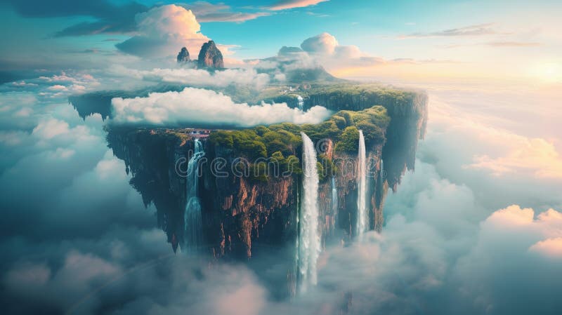 Majestic Floating Mountains with Waterfalls Pouring into Clouds Stock ...