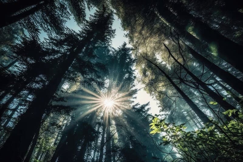 Majestic Forest with Clear View of the Sky and Sunlight Streaming ...