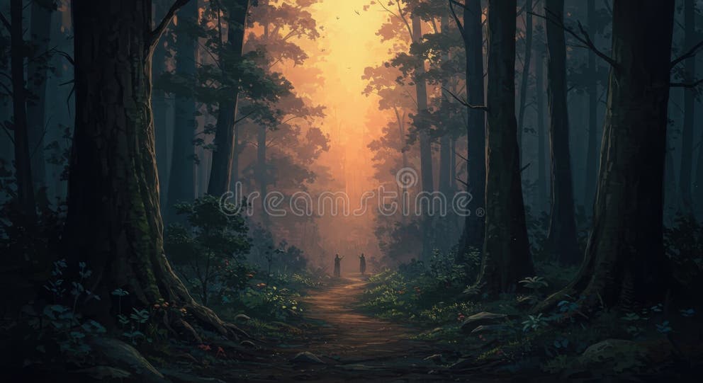 Majestic Forest Path at Sunset with Silhouettes of Two Deer Stock Photo ...