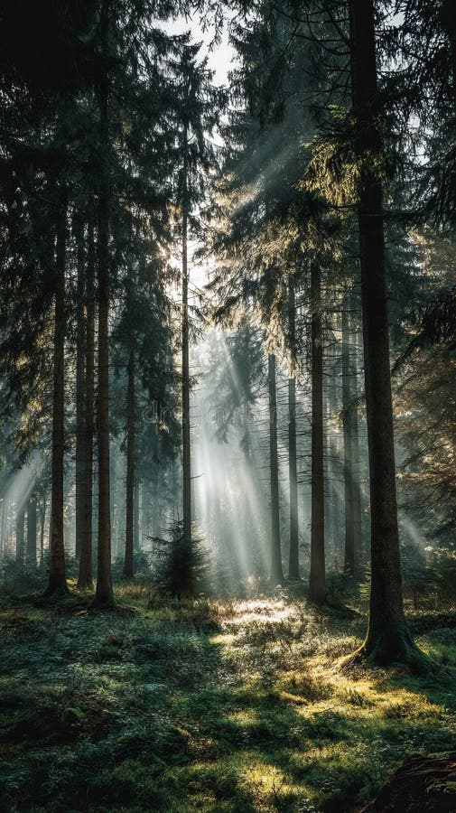 Majestic Forest Scene Featuring Sunlight Streaming through Tall Green Trees and Mist Stock Photo ...