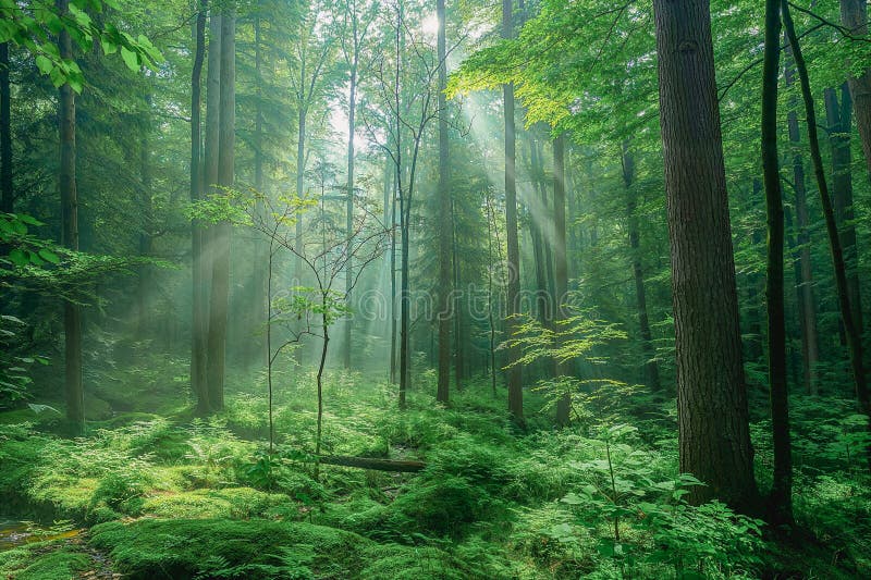 Majestic Forest with Towering Trees and Rays of Light Stock Photo ...